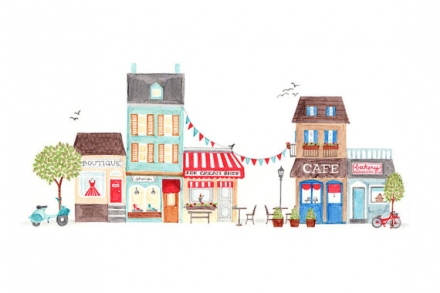 Colorful Village Storefront Shops, Little Town, Art Illustration Giclee ...